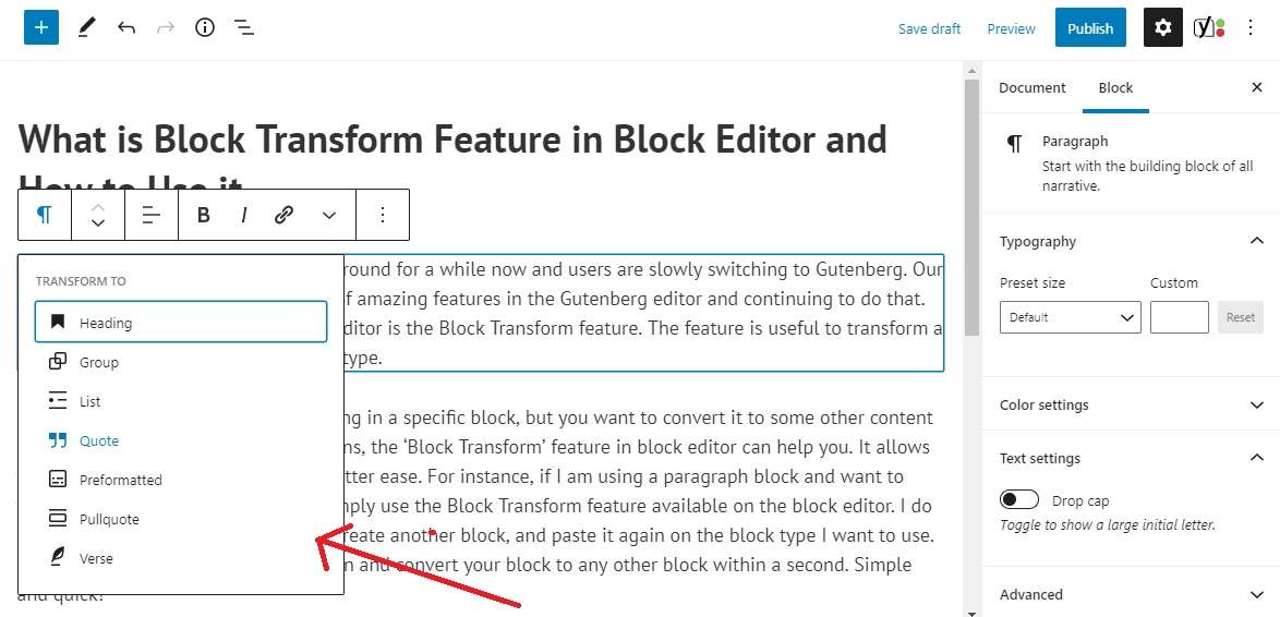 What is Block Transform Feature in Block Editor and How to Use it