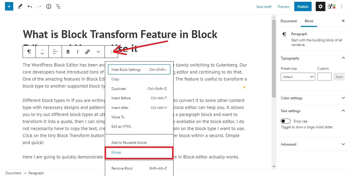 What Is Block Transform Feature In Block Editor And How To Use It