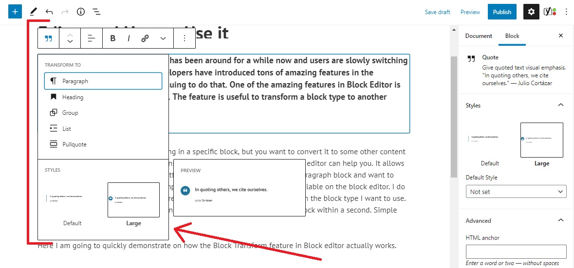What is Block Transform Feature in Block Editor and How to Use it